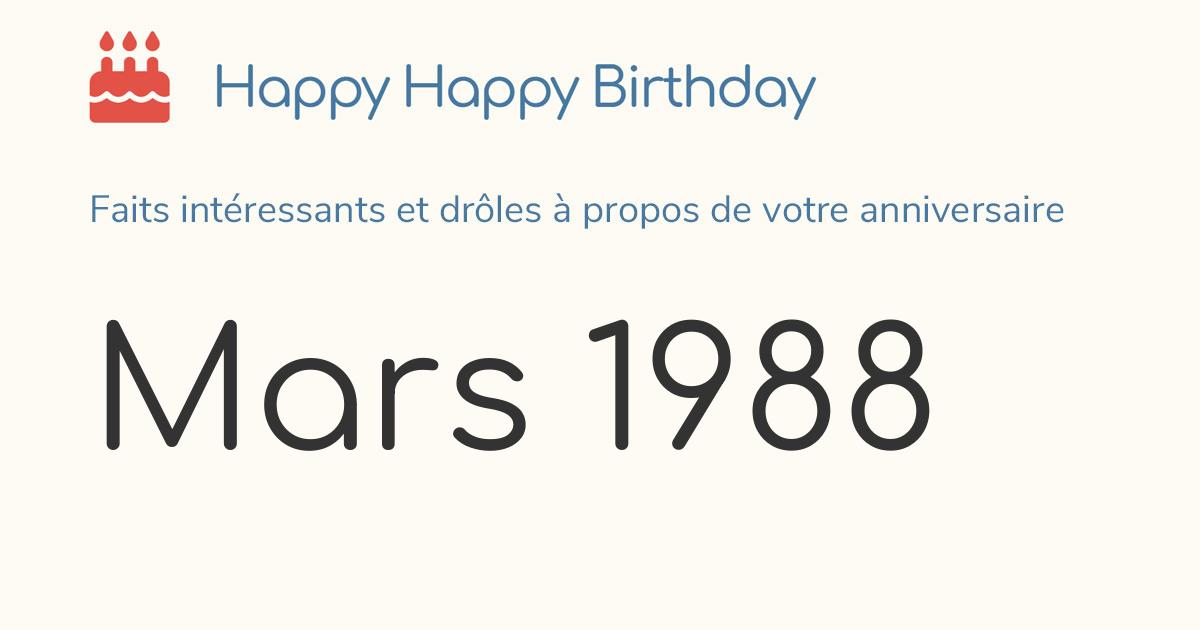 Mars 1988: Calendrier, anniversaire & Zodiaque
