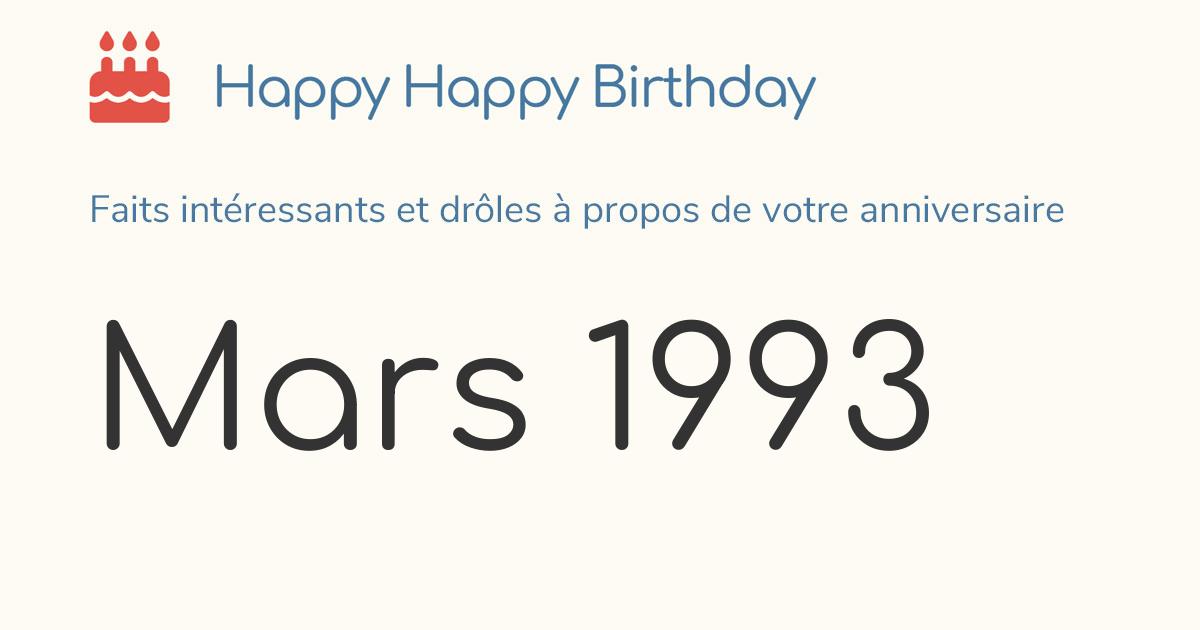 Mars 1993: Calendrier, anniversaire & Zodiaque